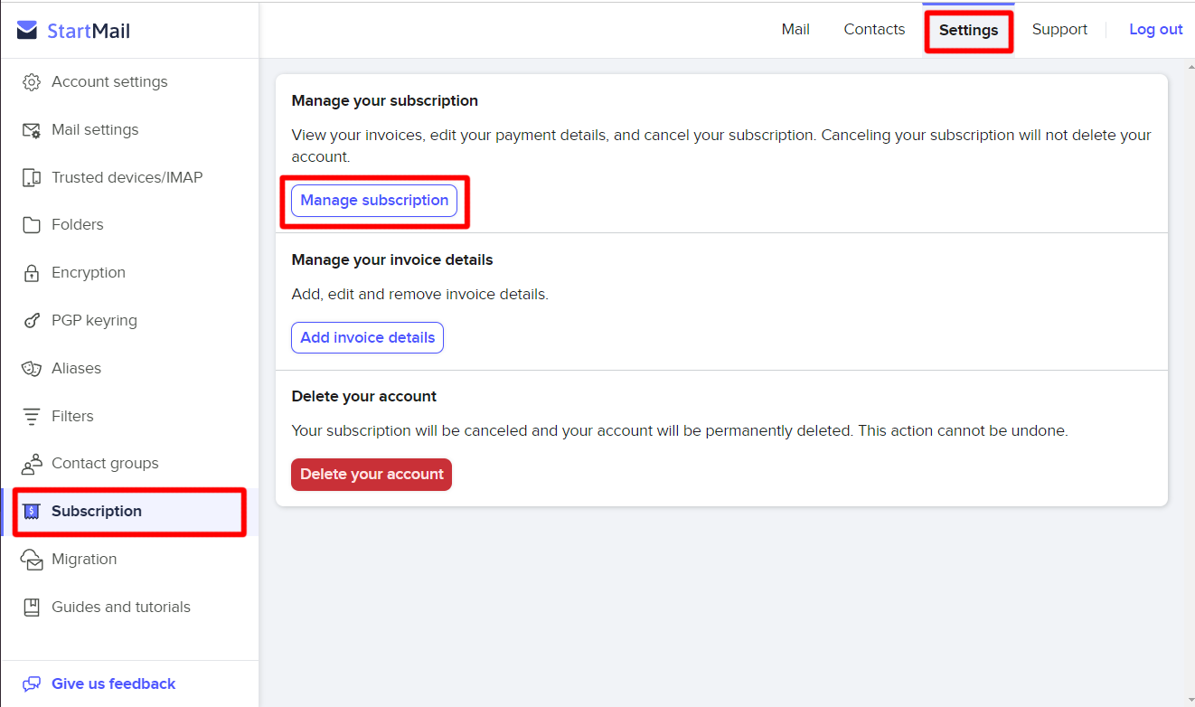 How can I manage my subscription? – StartMail